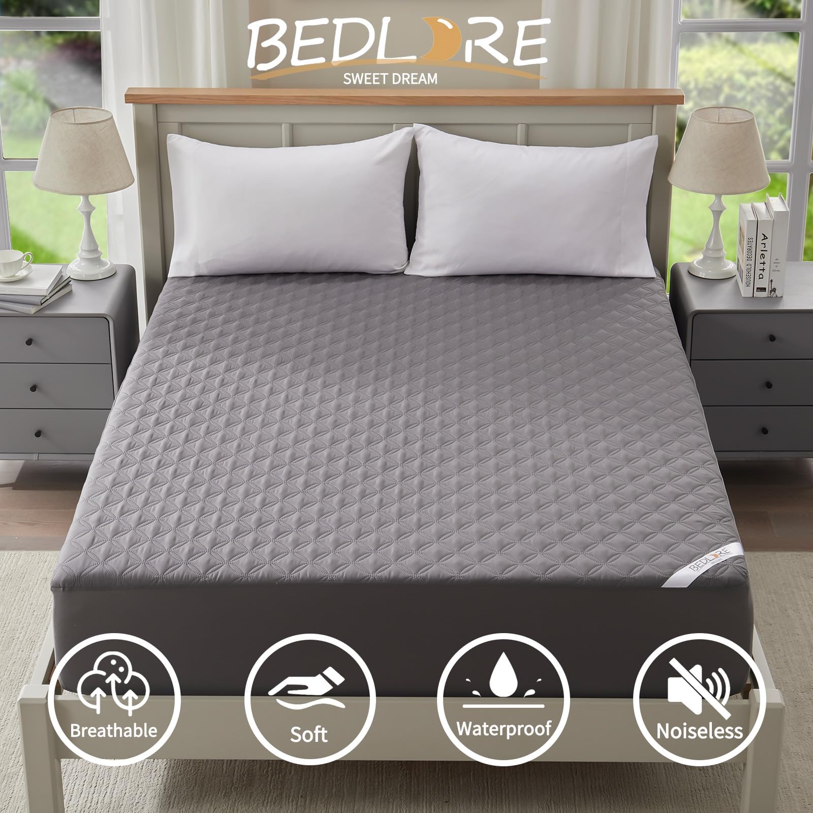 BEDLORE Waterproof Mattress Protector, Noiseless Queen Size Mattress Pad with Deep Pocket Fitted Up to 6"-18", Soft & Breathable Dirt-proof Bed Mattress Cover Washable Bedroom, Hotel (Gray)