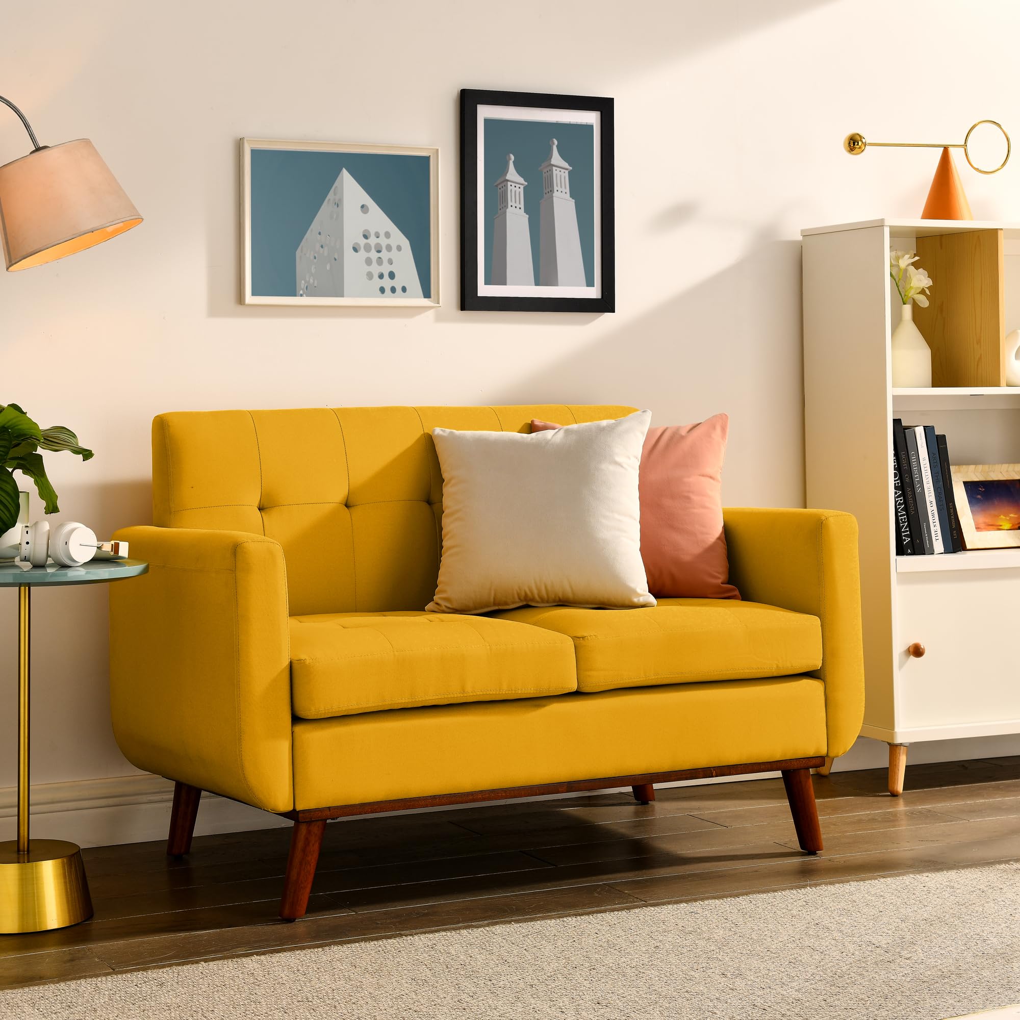 ECLYL Double Sofa, Modern Decoration Living Room Love Seat Sofa Simple and Atmospheric, Button Plush Soft Cushion Love Seat Furniture, Easy to Install Bedroom Small Sofa (Yellow)