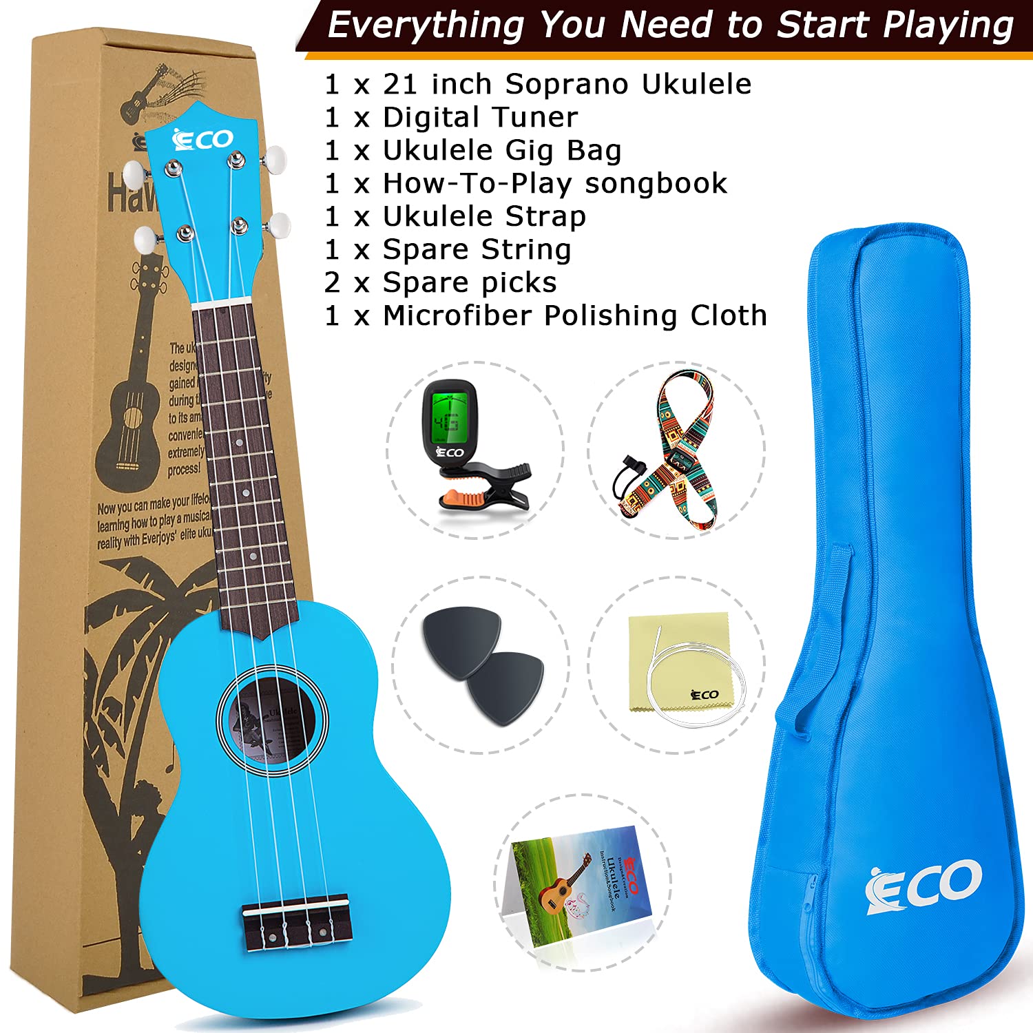 iECO Soprano Ukulele Beginner Kit for Kids Adults 21 Inch Ukelele w/Case Strap Tuner Strings Picks (Blue)
