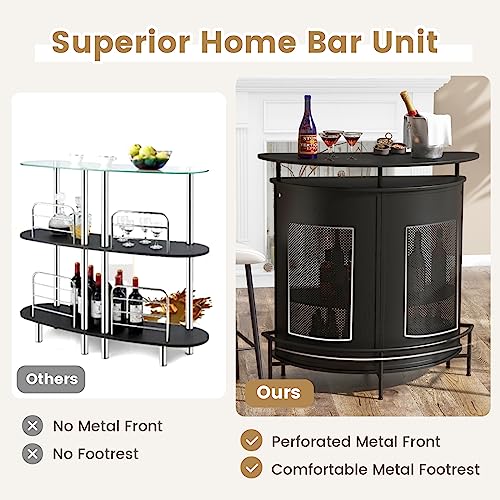 Giantex 4-Tier Home Bar Unit - Bar Cabinet with Storage Shelves, 3 Stemware Holders, Curved Countertop, Perforated Metal Front, Footrest, Mini Bars for Home, Kitchen, Living Room, Pub, Black