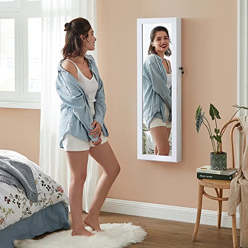 SONGMICS 6 LEDs Mirror Jewelry Cabinet, 47.2-Inch Tall Lockable Wall or Door Mounted Jewelry Armoire Organizer with Mirror, 2 Drawers, White UJJC93W