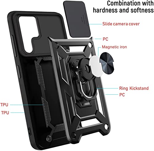 Multipurpose case for Samsung Galaxy S22 Ultra 6.8 inches Case with Slide Lens Cover, Shockproof with Built-in 360° Rotate Kickstand Magnetic Protective Case (Black)