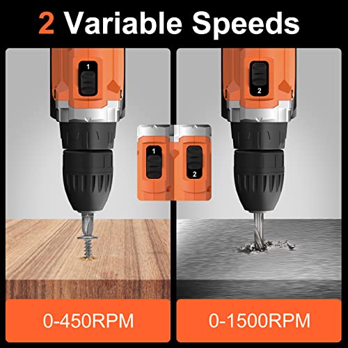 Cordless Drill, Bravolu 21V Cordless Electric Drill Set with 1 x 2Ah Battery, Torque 18 + 2, 310 in-lbs Max, 3/8-Inch Keyless Chuck 1500RPM 2 Variable Speeds and LED light, for Drilling Wood and Metal