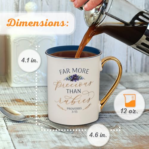 Christian Art Gifts Ceramic Coffee & Tea Mug for Women 12 oz Navy Blue Floral w/Gold Accents Inspirational Bible Verse Mug -More Precious than Rubies - Proverbs 3:15 Lead-free Scripture Cup