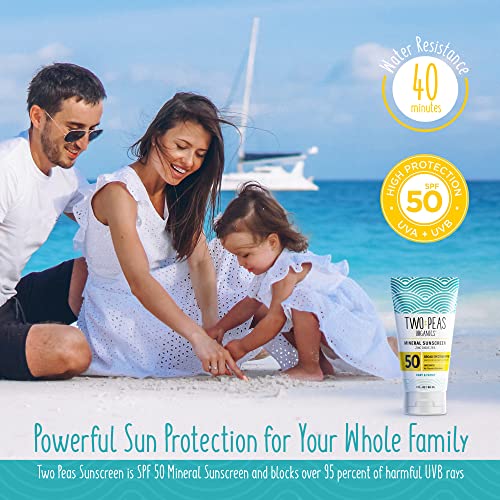 Two Peas Organics - All Natural Organic SPF 50 Sunscreen Lotion - Coral Reef Safe - Baby, Kid & Family Friendly - Chemical Free Mineral Based Formula - Waterproof & Unscented β 3oz