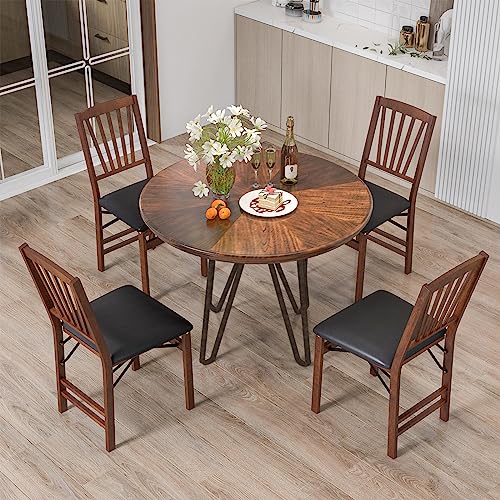 Giantex Folding Dining Chairs Set of 2, Foldable Wood Kitchen Chairs with Padded Seat, Solid Wood Frame, Max Load 400 Lbs, No Assembly Easy to Store Wooden Dining Chairs for Apartment, Small Space