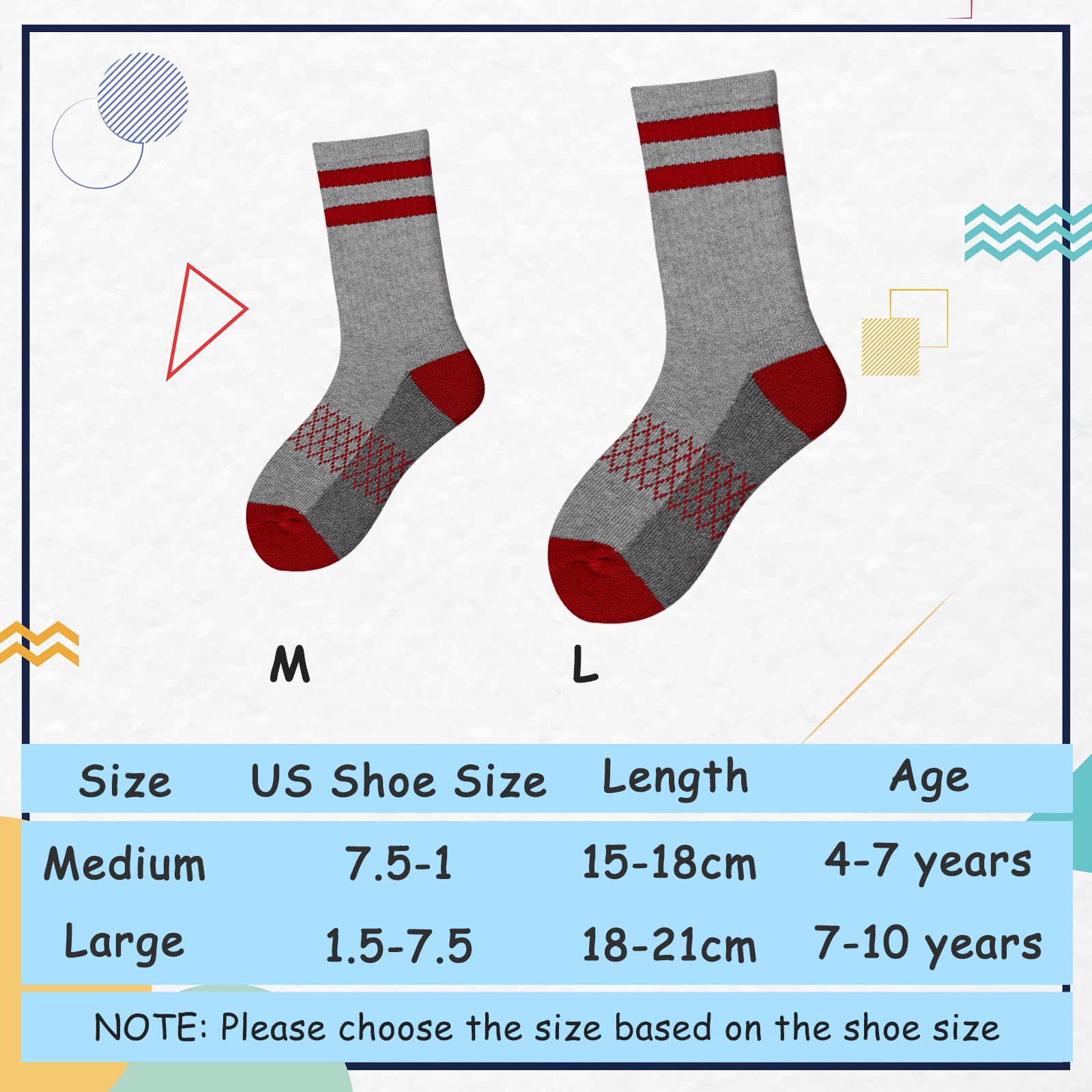 Comfoex Boys Crew Socks 8-10 6-8 4-6 Years Old Athletic Long Cotton Socks For Kids Half Cushioned Calf Socks 6 Pairs