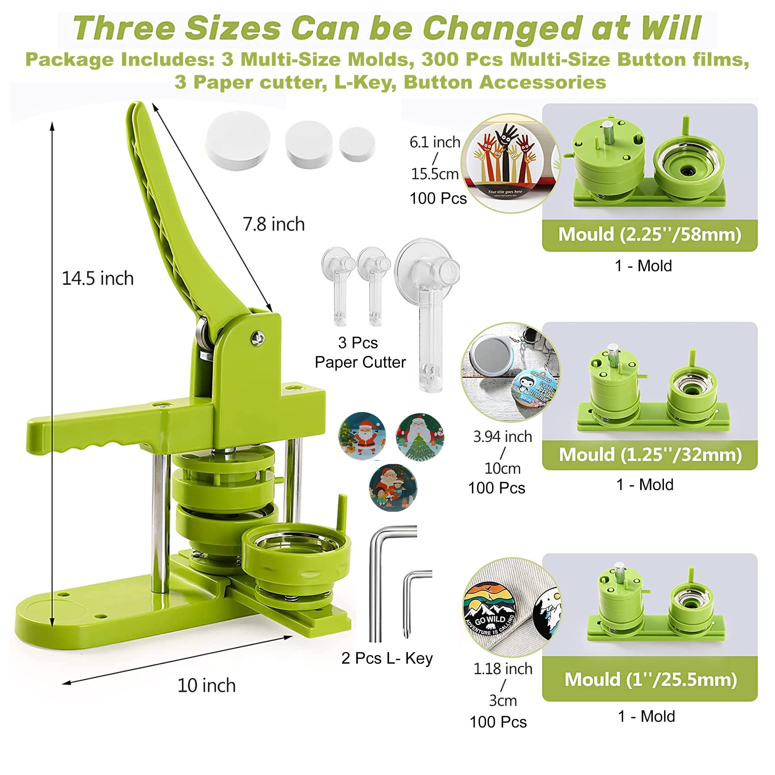 BINGA Button Maker Machine Multiple Sizes 300Pcs - 1''+1.25''+2.25'' Pin Maker Machine, Button Press Badge Maker with 300 Sets Button Making Supplies, 3 Circle Cutter & Magic Book (Green, 25/32/58mm)