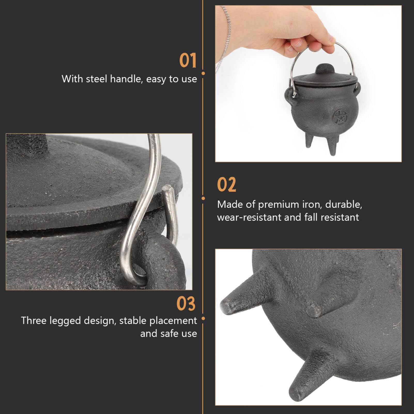 DOITOOL Cast Iron Cauldron with Lid and Handle, Halloween Witch Cauldron, Black Witch Pot for Smudging, Incense Burning, Halloween Decoration (Threephase Moon)