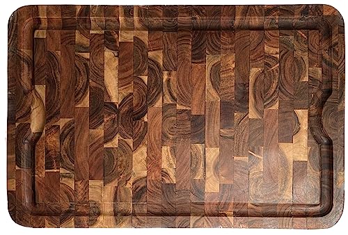 Mountain Woods Brown Organic End-Grain Acacia HardWooden Cutting Board for Kitchen w/Juice Groove | Chopping Board | Butcher Block - 24" x 16" x 1"