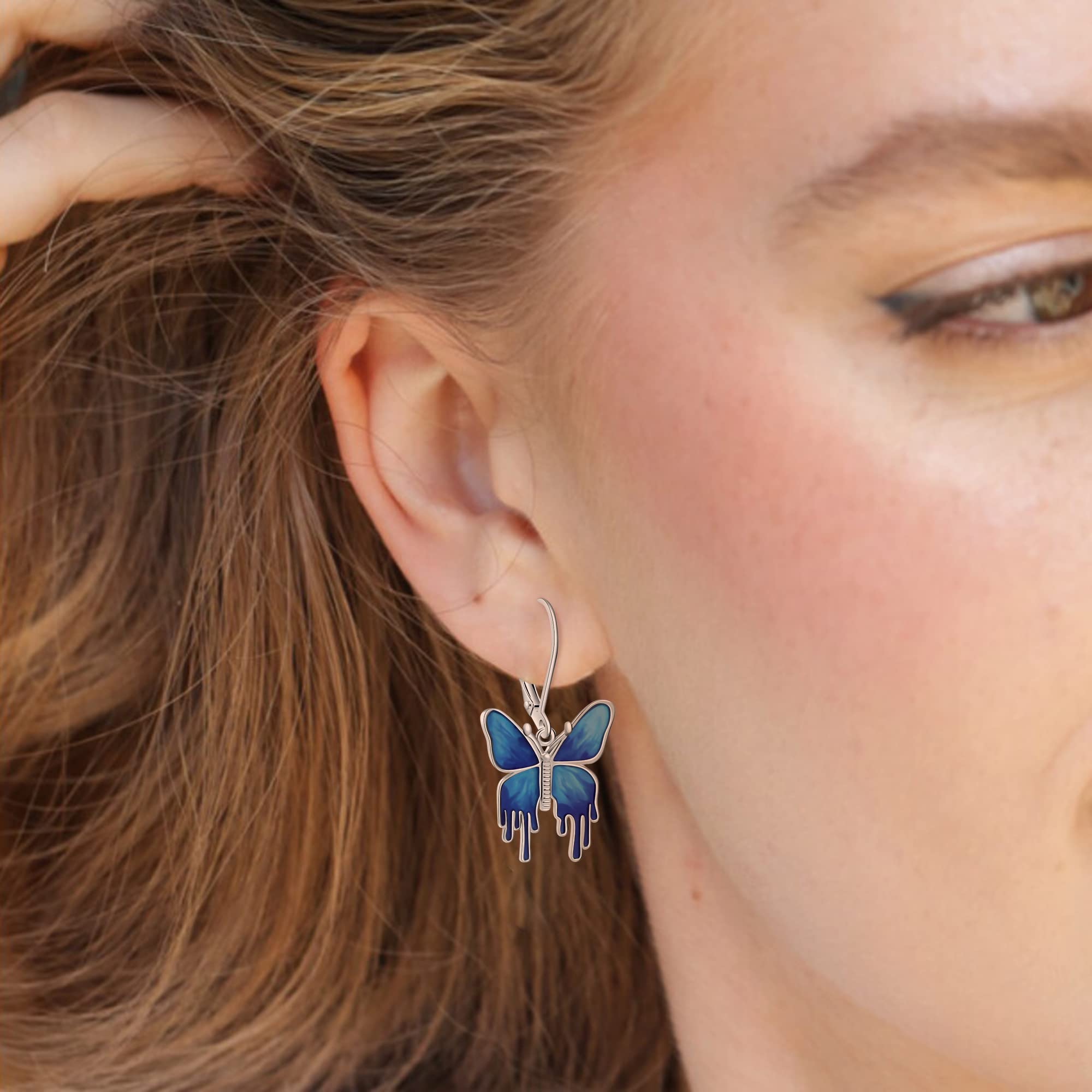 Butterfly Earrings 925 Sterling Silver Blue Butterfly Wing Earrings Dangling Butterfly Enamel Earrings Hanging Butterfly Dangle Drop Earrings for Women