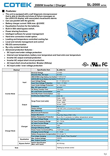 Cotek SL-2000-112 Low Frequency Pure Sine Wave Bidirectional Inverter/Charger with Transfer Switch 120VAC 12VDC 2000W