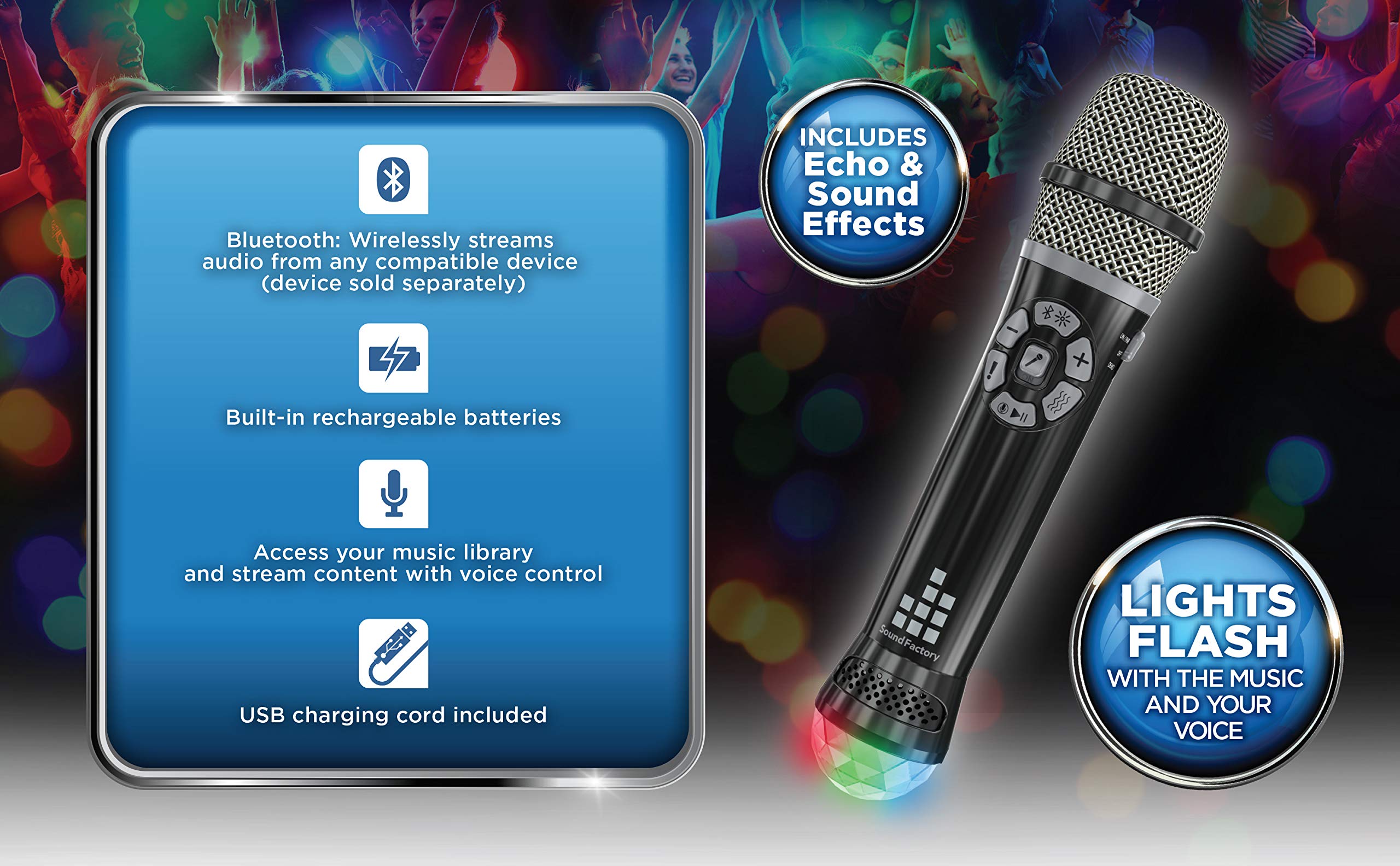 iHome Sound Factory Bluetooth Karaoke Microphone with LED Disco Party Lights,Portable Bluetooth Speaker Compatible with Apple Samsung Siri and Google Assistant,Wireless Microphone for Karaoke Fun