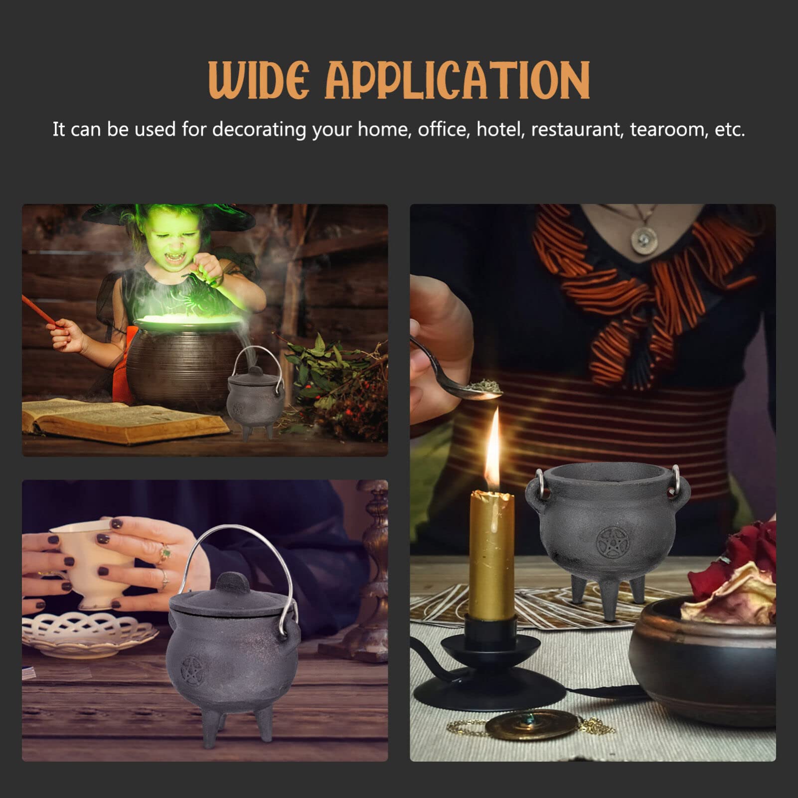 DOITOOL Mini Cast Iron Cauldron with Lid and Handle, 4 Inch Halloween Witch Pot with Lid for Halloween Decoration or Incense Burning (Threephase Moon)