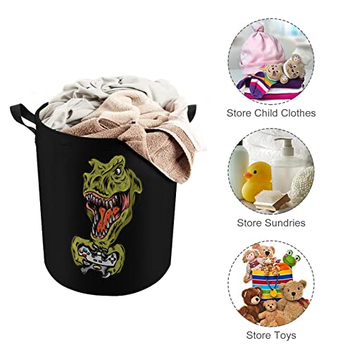Dinosaur Gamer Which Play Game Laundry Basket Round Collapsible Storage Bin with Drawstring and Handle for Bedroom Bathroom Toys Room 17.3" X 13.8"