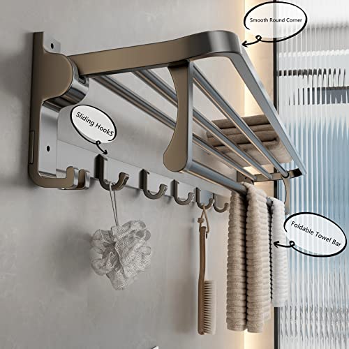 MUSTORN Bathroom Towel Rack with Towel Bar and Hooks 23.6 in Foldable Towel Shelf Wall Mounted Lavatory Towel Organizer Modern Gray Finish
