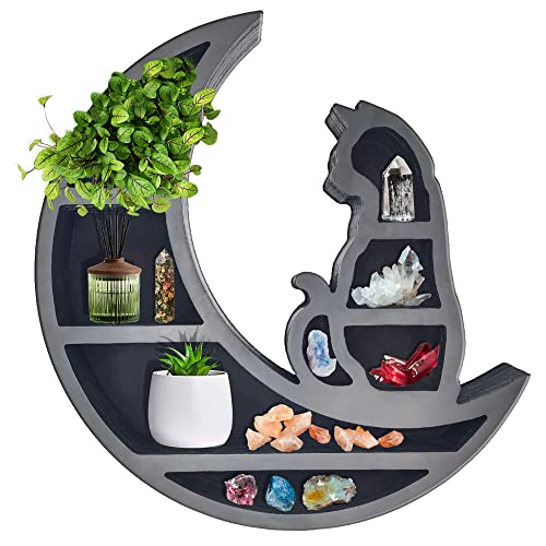 LARFOEK Cat on The Moon Wooden Shelf for Crystals,Shelves for Wall Decor,Wall Mounted Floating Shelves for Gothic Witchy,Boho,Room Decor Aesthetic for Placing Stones & Essential Oils(Moon Cat)