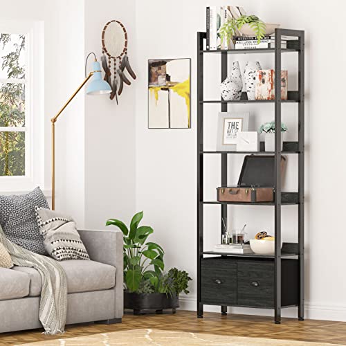 Furologee 6-Tier Bookshelf, Tall Bookcase with 2 Drawers Storage Organizer, Industrial Display Free Standing Shelf Units, Wood and Metal Storage Rack for Home Office, Bedroom, Black Oak