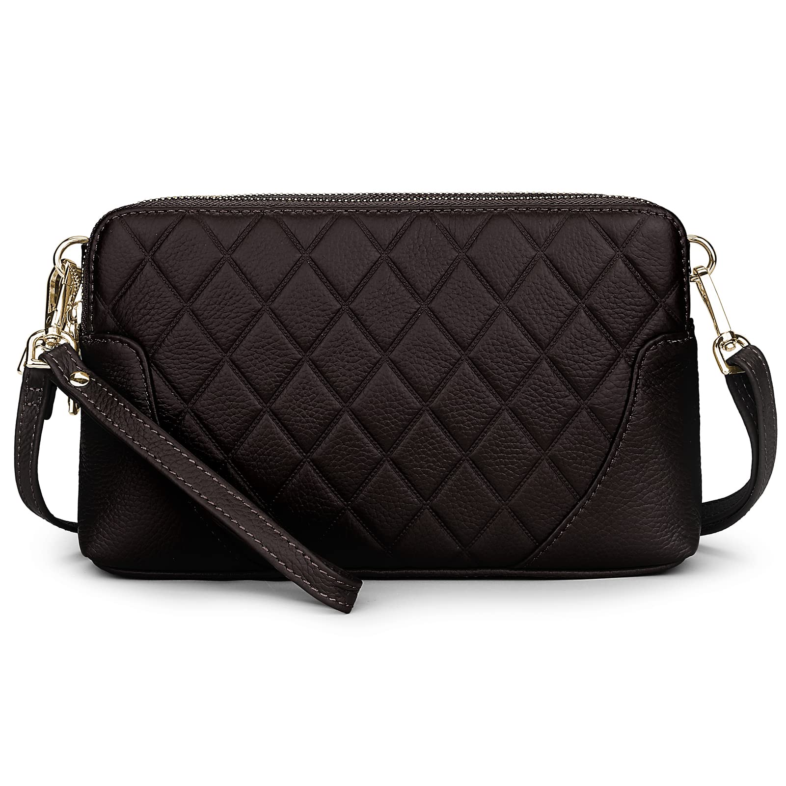 YALUXE Womens Wristlet Real Leather Quilted double zippers Large Clutch Wallet Shoulder Strap