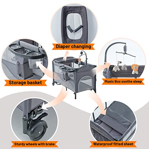 zebrater 5 in1 Baby Bassinet Bedside Crib,Pack and Play Bedside Sleeper with Waterproof Sheet & Mattress,Large Pack n Play with Diaper Changer,Folding Portable Playard from Newborn to Toddler