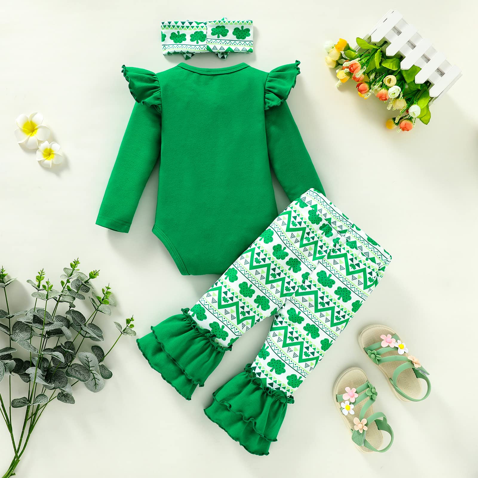 GRNSHTS Baby Girl My First St.Patrick's Day Clothes Long Sleeve Ruffle Romper Bell-Bottomed Pants Headband 3Pcs Clover Print Outfits(Green-C,0-3M