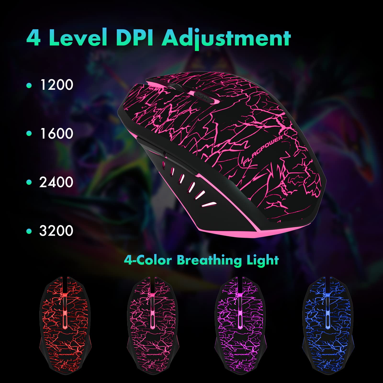FLAGPOWER RGB Gaming Keyboard and Breathing Mouse Combo, Adjutable Breathing Backlit Mechanical Feeling Keyboard with 4 Colors 4800DPI Backlight Mouse for PC Laptop Computer Game and Work