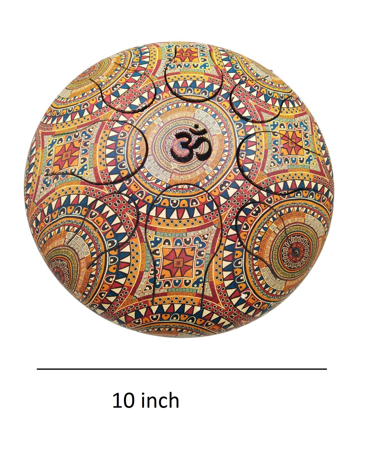 India Meets India Steel Tongue Drum [OM Design], 10 INCHES Drum w/ 8 Notes, Steel Percussion Drum with 2 Mallets & Carry Bag, Steel Drum for Meditation & Yoga - Multicolor
