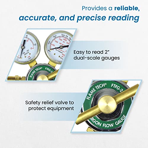 Flame Tech Flow Gauge Argon Regulator, Easy to Read 2β Dual-Scale Gauges, Ideal Welding Tool, Sturdy Construction, Comes Packaged in a Black Box, Tested in The USA