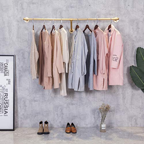 FURVOKIA Industrial Pipe Wall Mounted Clothes Hanging Shelves System,Metal Clothing Towel Rack,Garment Rack Perfect for Retail Display,Closet Organization (One Pipe Shelves, Gold, 59" L x 11.8" D)