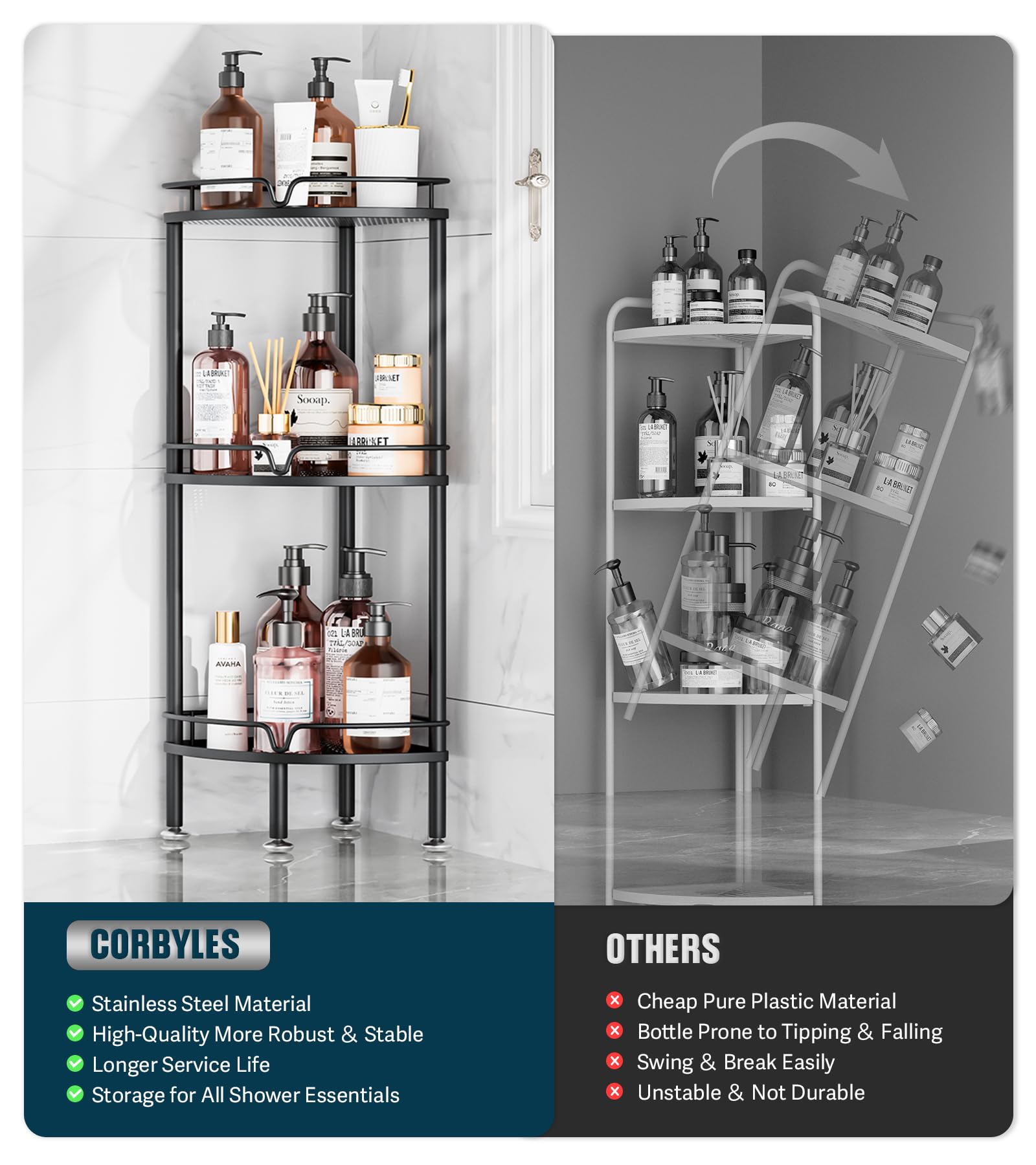 Corner Shower Caddy Free Standing, Stainless Steel Stand up Shower Organizer Shelf with Adjustable Feet, Floor Shower Storage Rack for Bathroom,Balcony Kitchen, 3 Tier Black
