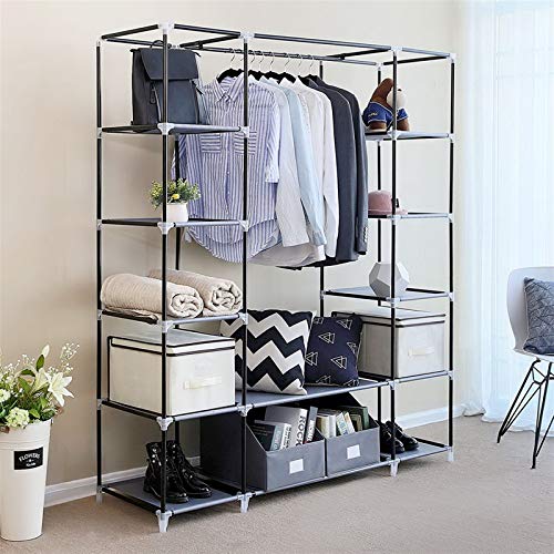 SoSo-BanTian1989 Metal Frame Portable Closets Fabric Wardrobe, Clothing Cabinet Storage Organizer with Dustproof Cover (Black)