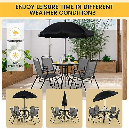 KFJBX 6 PCS Patio Dining Set Folding Chairs Glass Table Tilt Umbrella Garden