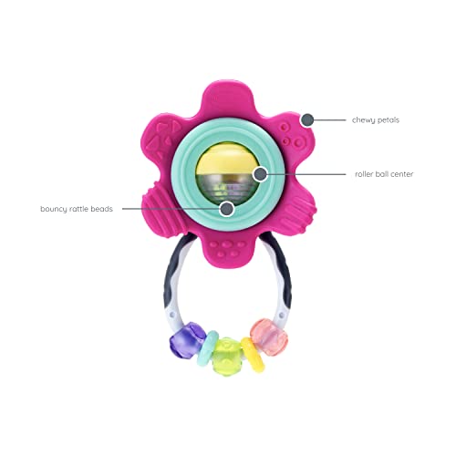 Infantino Spin & Teethe Gummy Pink Flower Rattle - Easy to Grab, Chewy Rings, Multi-Texutre Petals, Roller Ball Center - Teething & Sensory Play, Ages 0 Months +