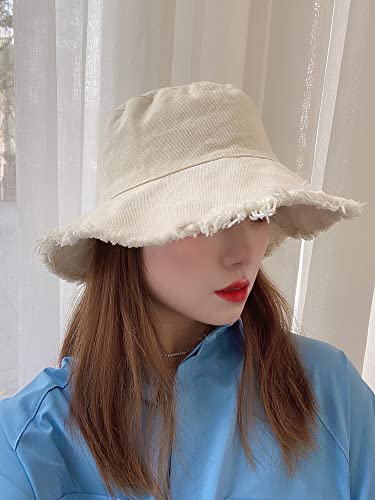 Bucket-Hat-Distressed Sun-Protection Washed-Cotton Beach-Sun-Hat - Summer-Wide-Brim(3.2inch Brim) Beach-Cap(Size:S-M) Beige
