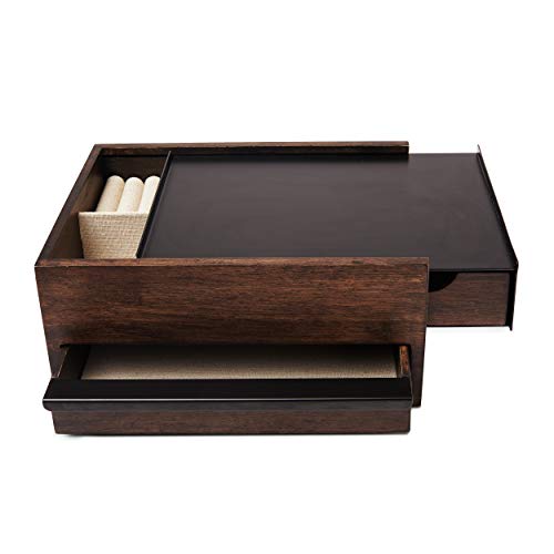 Umbra Stowit Jewelry Box-Modern Keepsake Storage Organizer with Hidden Compartment Drawers for Ring, Bracelet, Watch, Necklace, Earrings, and Accessories, Black/Walnut