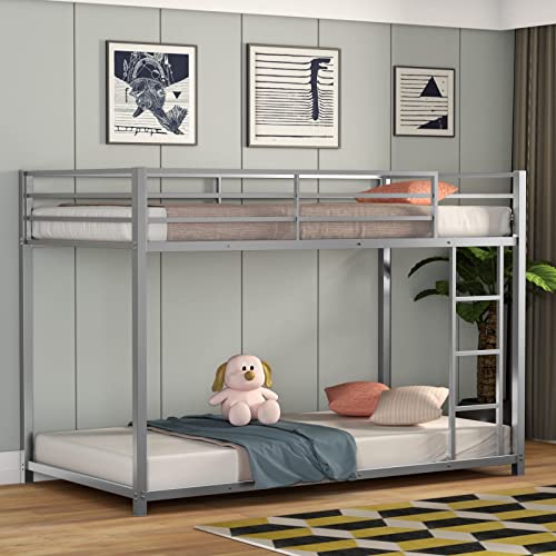 DORTALA Bunk Bed Twin Over Twin, Twin Bunk Beds w/Guardrail & Ladder, Metal Bunk Bed for Dormitory & Multiple-Child Family, Twin Bunk Beds for Toddler, Kids, Silver