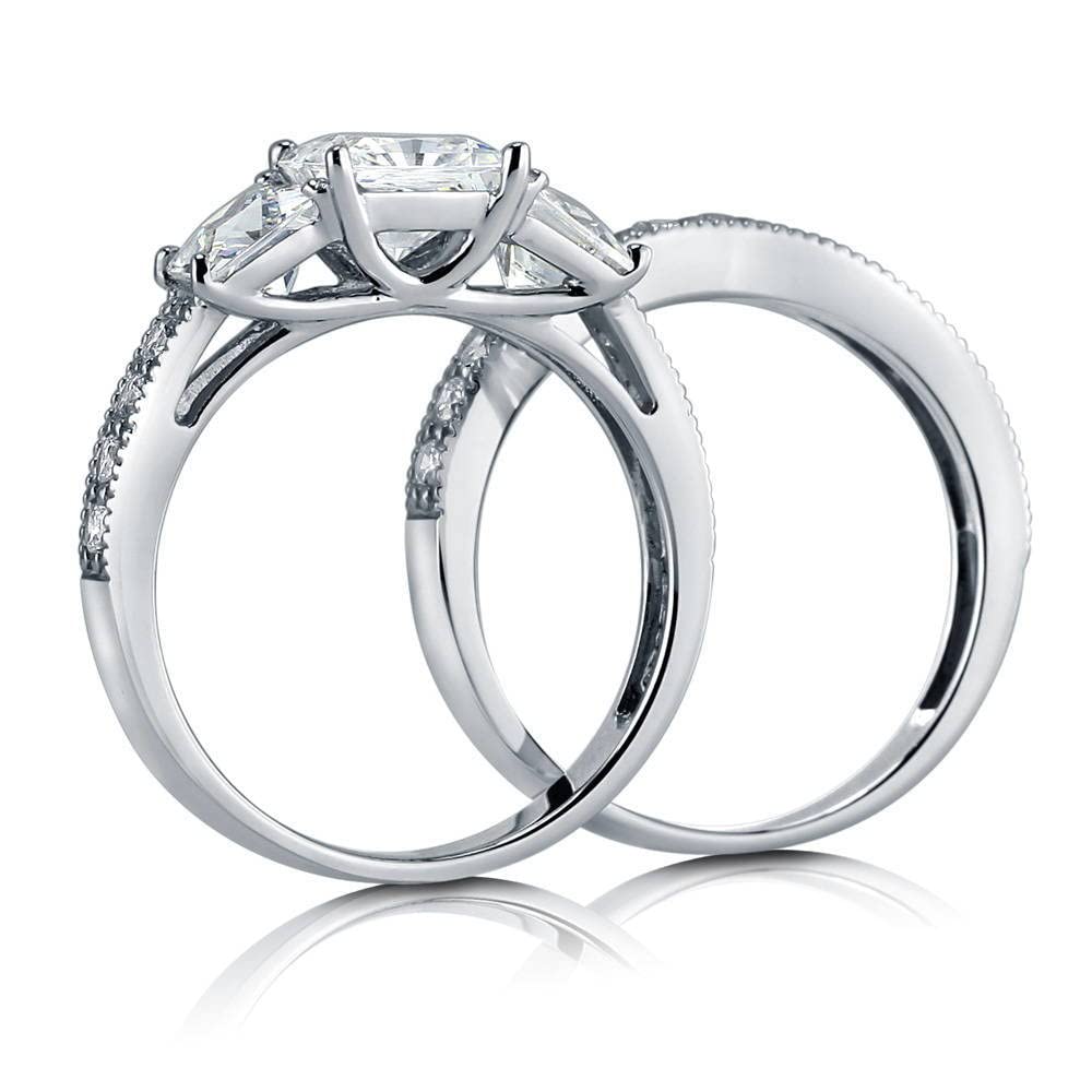 BERRICLE Sterling Silver 3-Stone Wedding Engagement Rings Princess Cut Cubic Zirconia CZ Ring Set for Women, Rhodium Plated Size 8.5