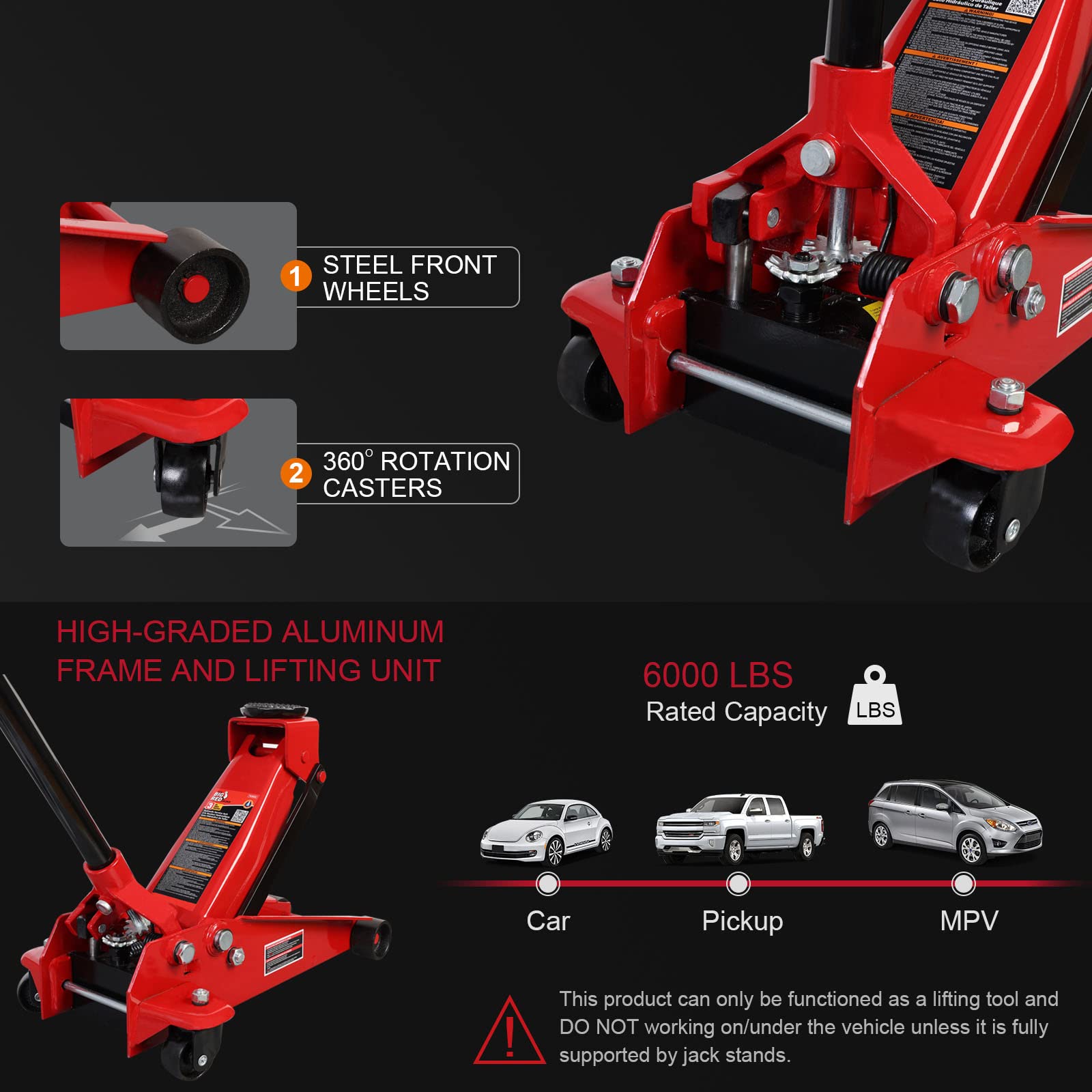 BIG RED T830025 Torin Hydraulic Floor Jack with Single Quick Lift Piston Pump, 3 Ton (6,000 lb) Capacity, Red