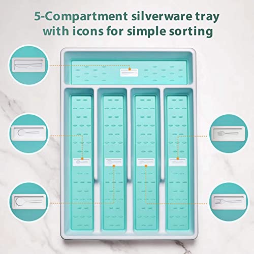 Joequality Silverware Organizer with Icons,Plastic Cutlery silverware Tray for Drawer,Utensil Flatware Tableware Organizer for Kitchen with Non-slip TPR,Fits Standard Drawer,5-Compartment,Mint