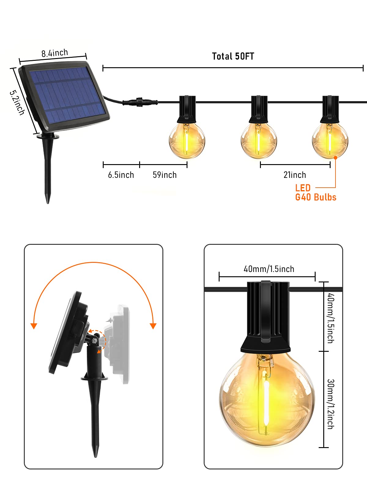 Solar String Light Outdoor Lijun 50FT S14 LED Patio Lights Waterproof Shatterproof 4 Light Mode Solar Powered with 17 Plastic Hanging E26 LED Bulbs for Porch, Pergola, Backyard, Garden, Party, Wedding