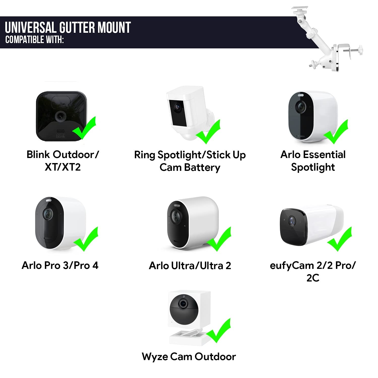 Wasserstein Gutter Mount for Camera & Solar Panel - Compatible with Wyze, Blink, Ring, Arlo, & Eufy (White)