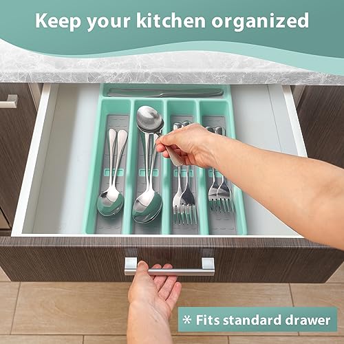 Joequality Silverware Organizer with Icons,Plastic Cutlery silverware Tray for Drawer,Utensil Flatware Tableware Organizer for Kitchen with Non-slip TPR,Fits Standard Drawer,5-Compartment,Light Blue