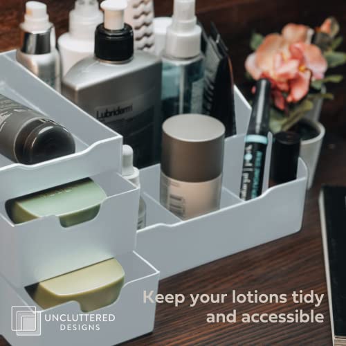 Uncluttered Designs Makeup Organizer With Drawers β Modern Countertop Storage for Cosmetics β Chic Vanity Holder for Perfume, Skincare, Brush, Lipstick, Nail Polish Organization and Display (White)