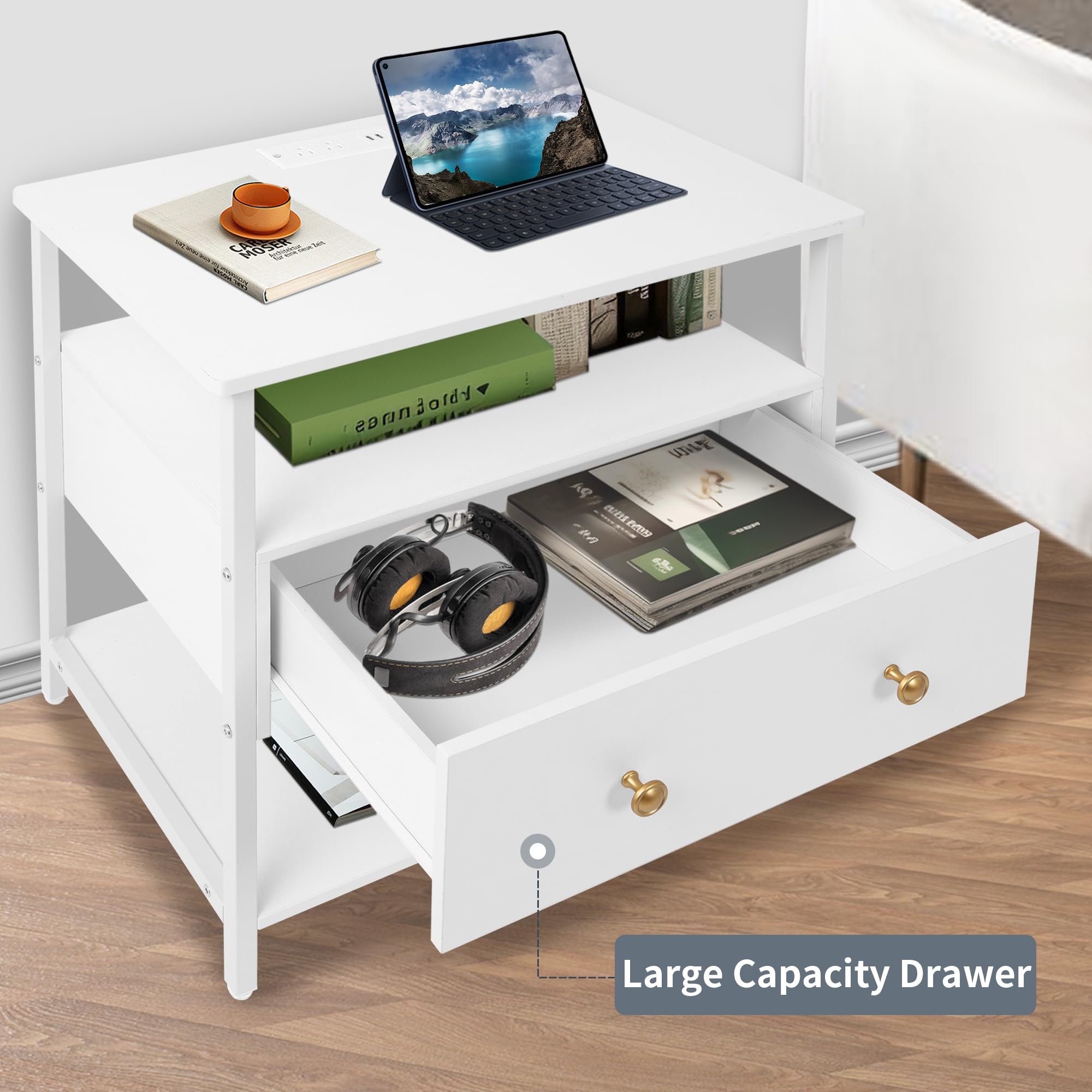 Edbuosy 2 Sets 27 inch Nightstand Side Table with 1 Layer of Wooden Drawers,Nightstand with Charging Station,End Table Bedside Table with USB Ports and Outlets