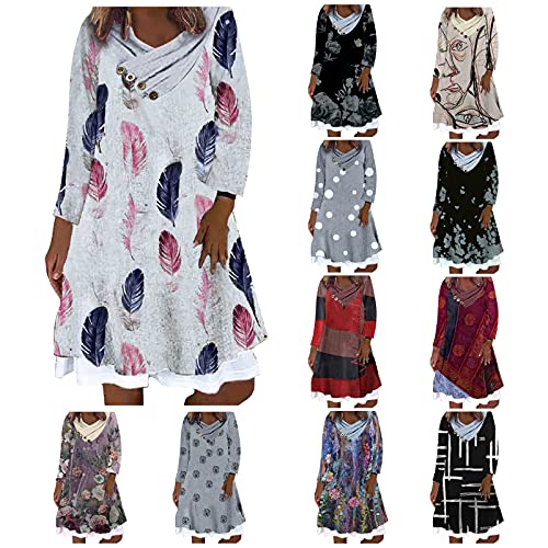 Button Cross V Neck Swing Dress for Women Pattern Printed Loose Flowy Dress Patchwork Feather Printed Dress White