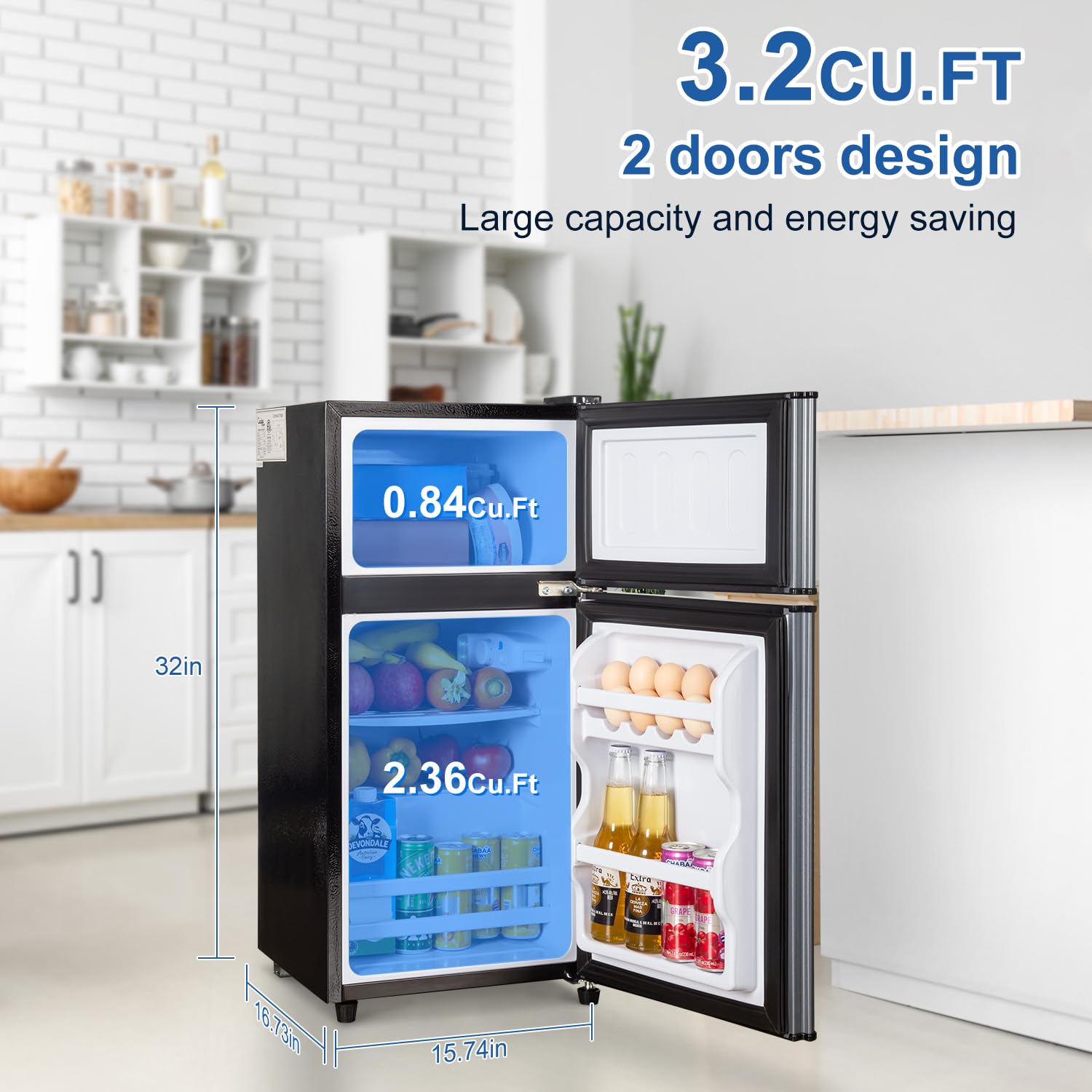 Cucina Magica Mini Fridge with Freezer, 3.2 cuft Small Refrigerator, 7 Adjustable Thermostat, Energy Saving, Low Noise, Double Door Compact Refrigerator for Dorm, Bedroom, Office
