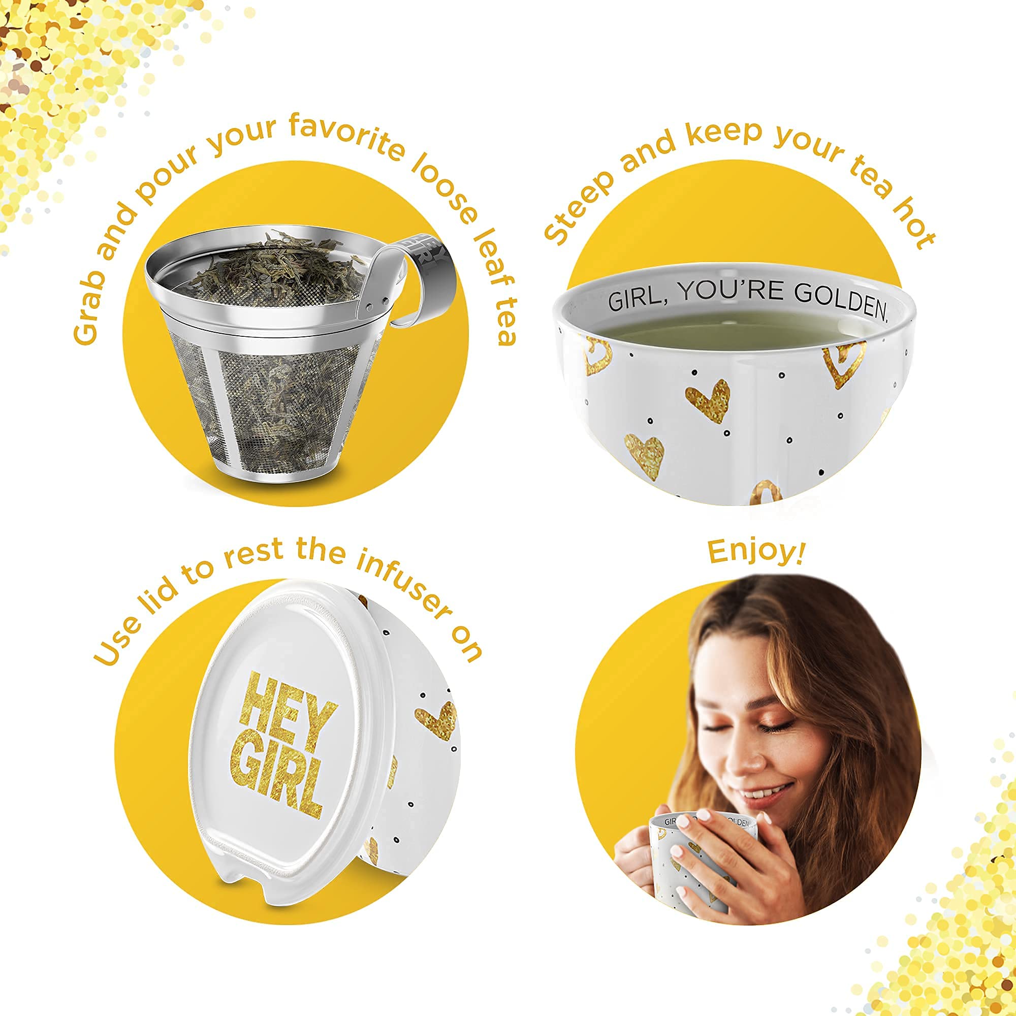Hey Girl Tea Cup with Infuser and Lid - Double-Walled Insulation & Ceramic Outer Tea Infuser Mug - Fine-Mesh Strainer Basket - Gift-Inspired Packaging - 12 oz