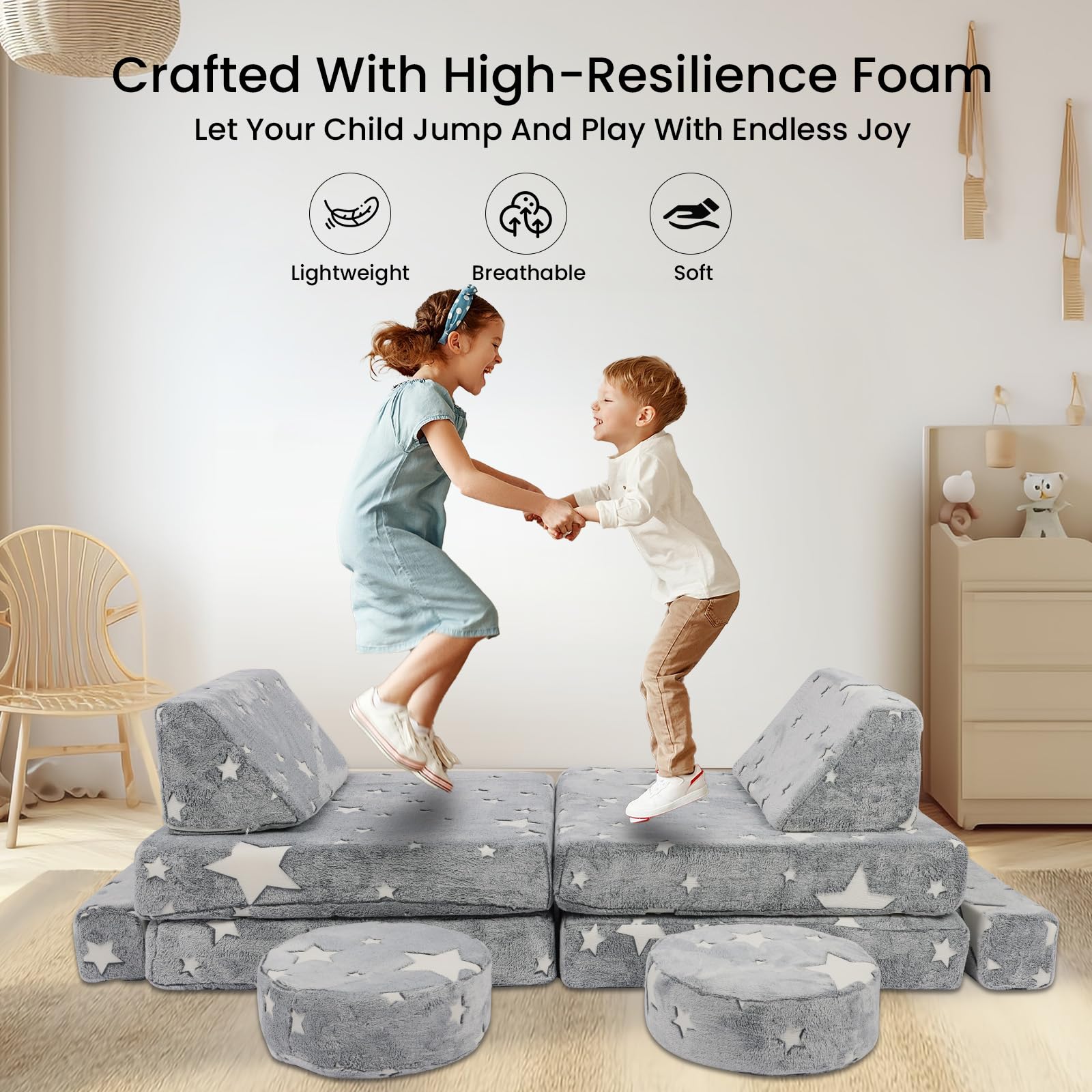 Edbuosy Modular Kids Play Couch- 12-in-1 Large Kids Sofa with Fluorescent Pattern for Playroom Bedroom Kids Couch Suitable for Playing Creativity and Sleeping for Boys and Girls-Grey Star