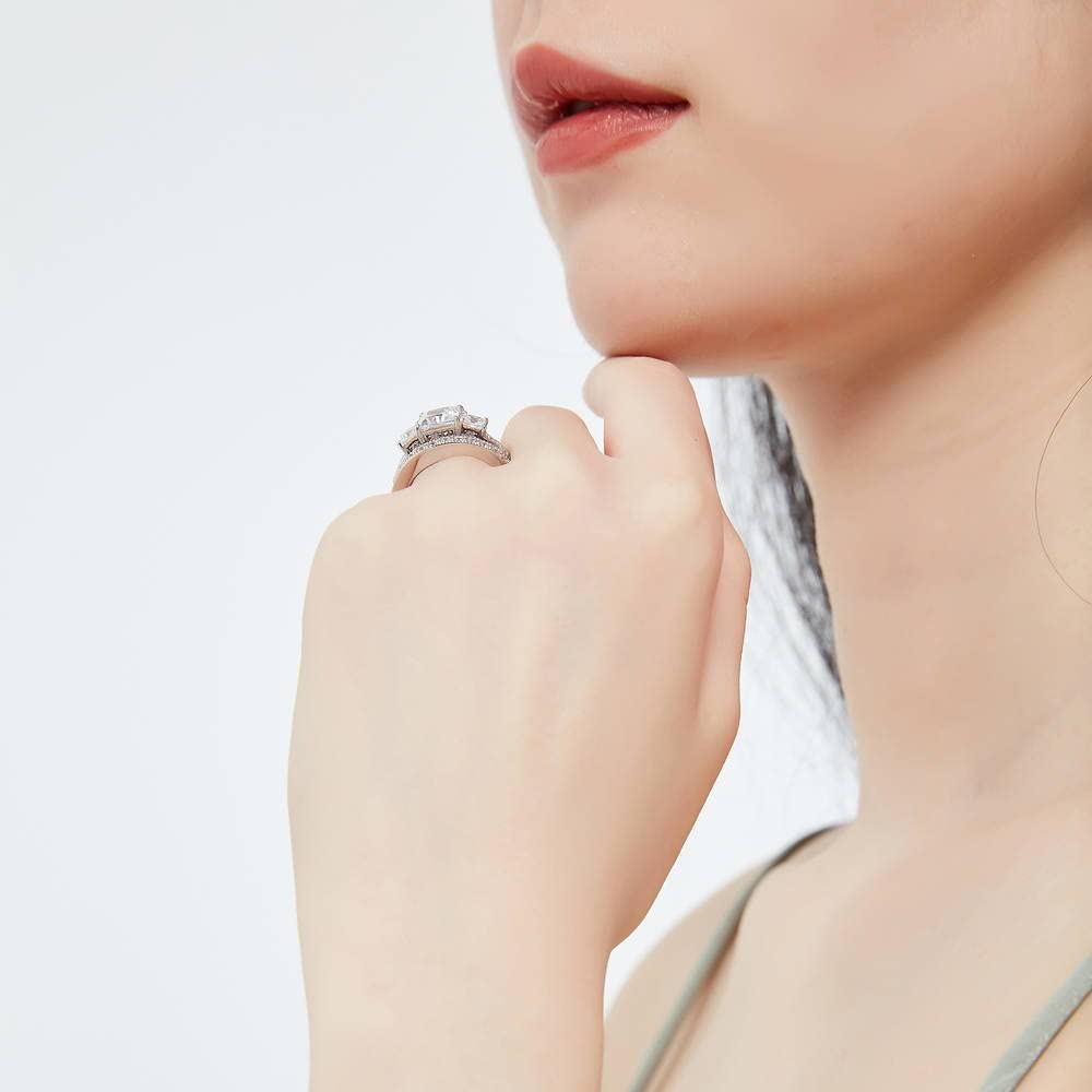 BERRICLE Sterling Silver 3-Stone Wedding Engagement Rings Princess Cut Cubic Zirconia CZ Ring Set for Women, Rhodium Plated Size 10