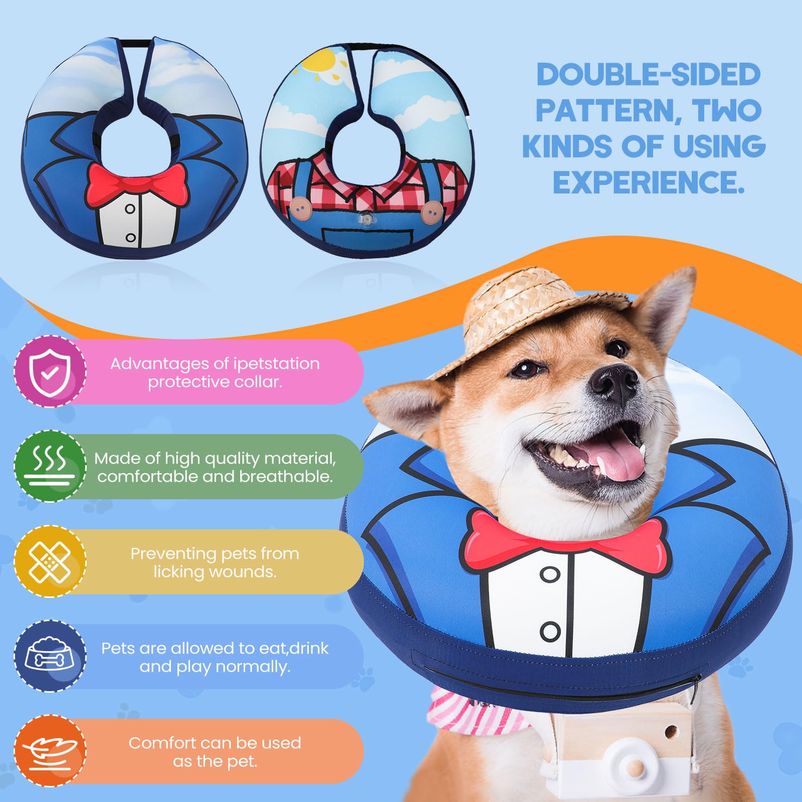 Dog Cone Collar, Adjustable Soft Dog Cone,Comfy Inflatable Dog Collars for After Surgery,Alternative to Cone of Shame,Dual-Sided Pattern Donut Collar for Small Medium Large Dogs,Not Block Vision(L)